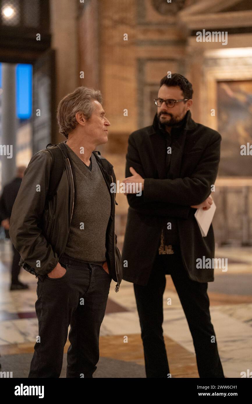 Rome, Italy. 21st Mar, 2024. Poet Gabriele Tinti and actor Willem Dafoe ...
