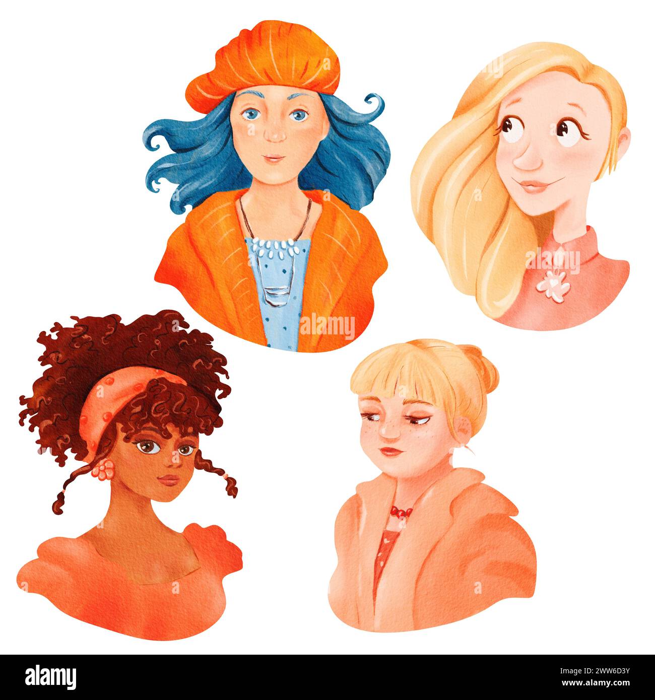 Watercolor cartoon set with Woman portrait Stock Photo - Alamy