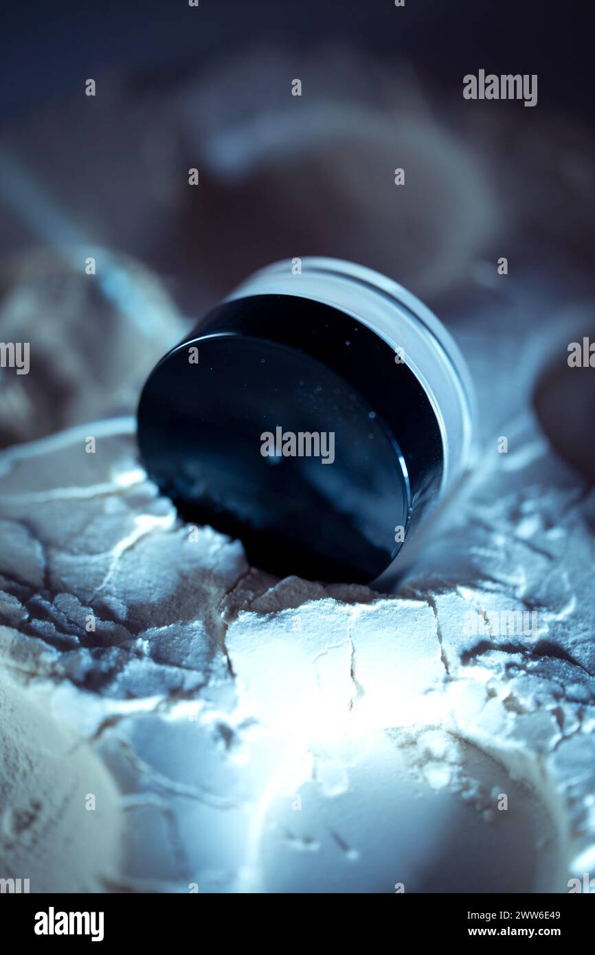 Black round podium on white powder background. Isolated. 3D rendering ...