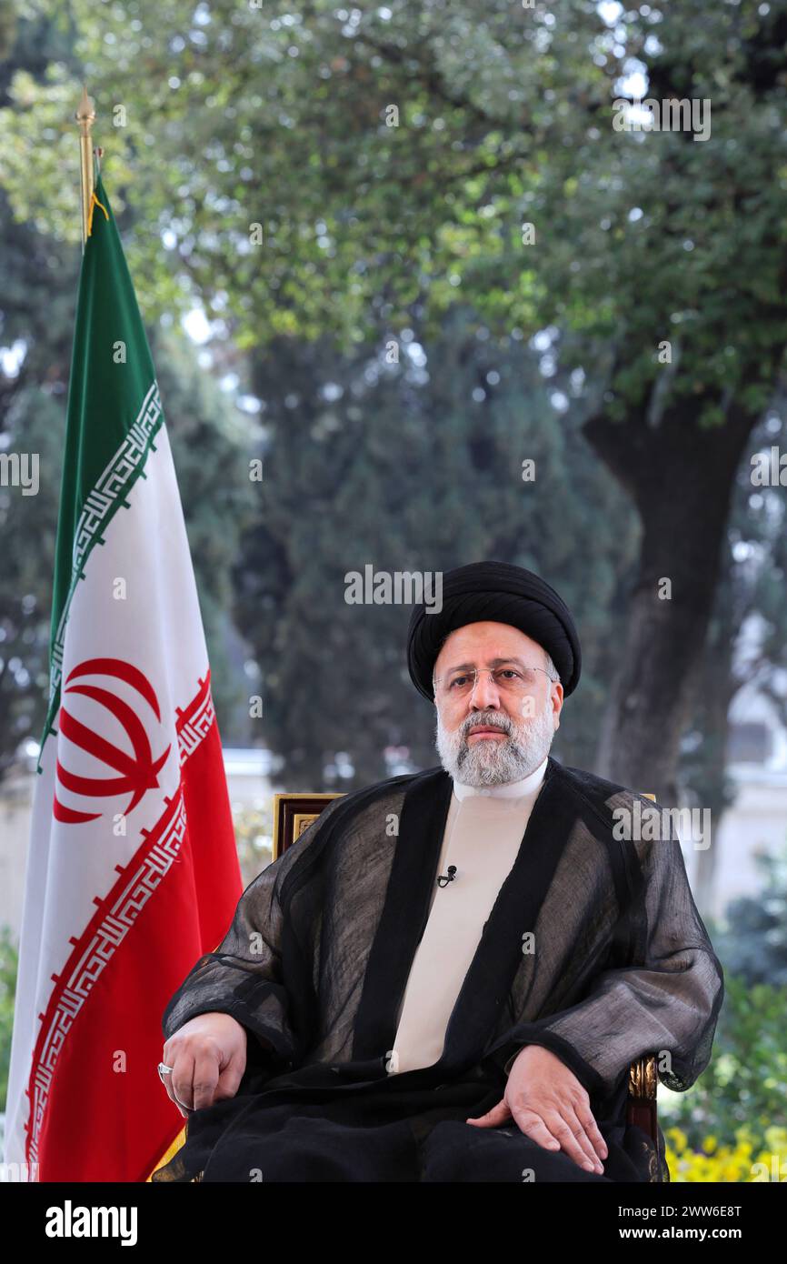 Iranian President Ebrahim Raisi delivers a speech on the occasion of ...