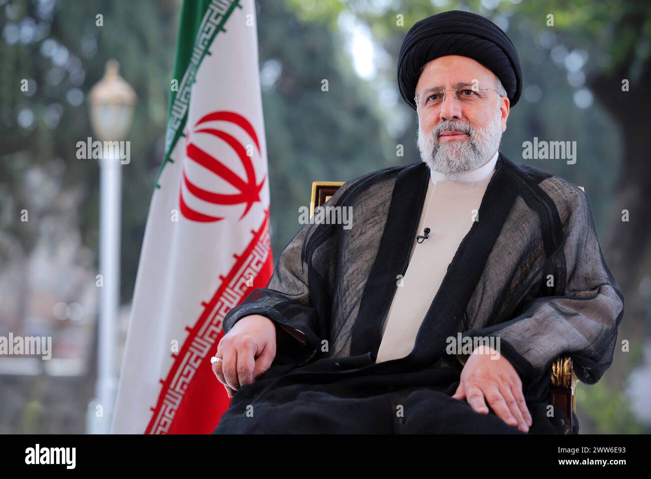 Iranian President Ebrahim Raisi delivers a speech on the occasion of ...