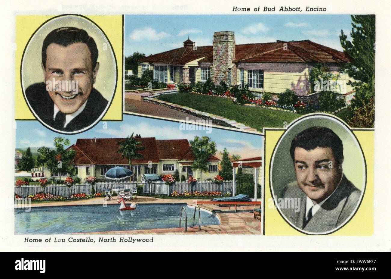 HOME OF BUD ABBOTT, ENCINO and HOME OF LOU COSTELLO, NORTH HOLLYWOOD postcard from Homes of the ...