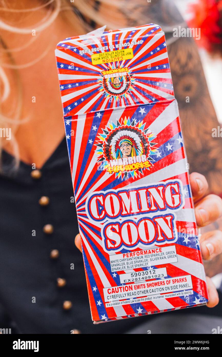 Warrior Fireworks brand Coming Soon box Stock Photo - Alamy