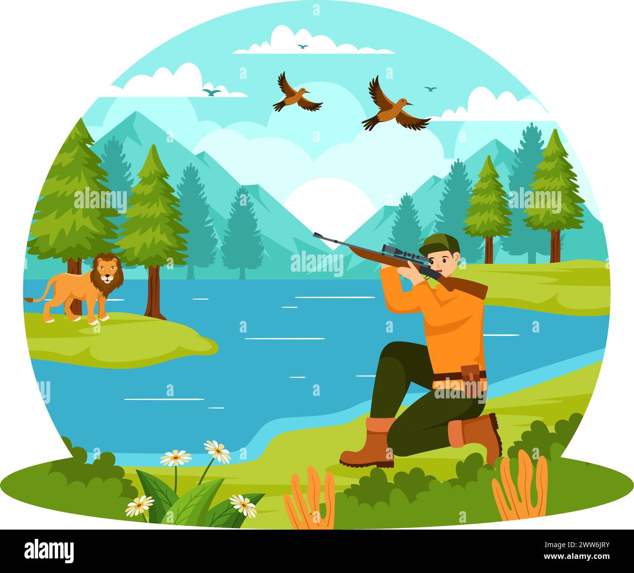 Hunting Vector Illustration with Hunter Rifle or Weapon for Shooting to ...
