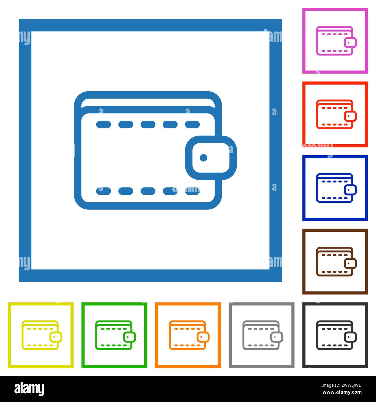 Empty leather wallet outline flat color icons in square frames on white ...