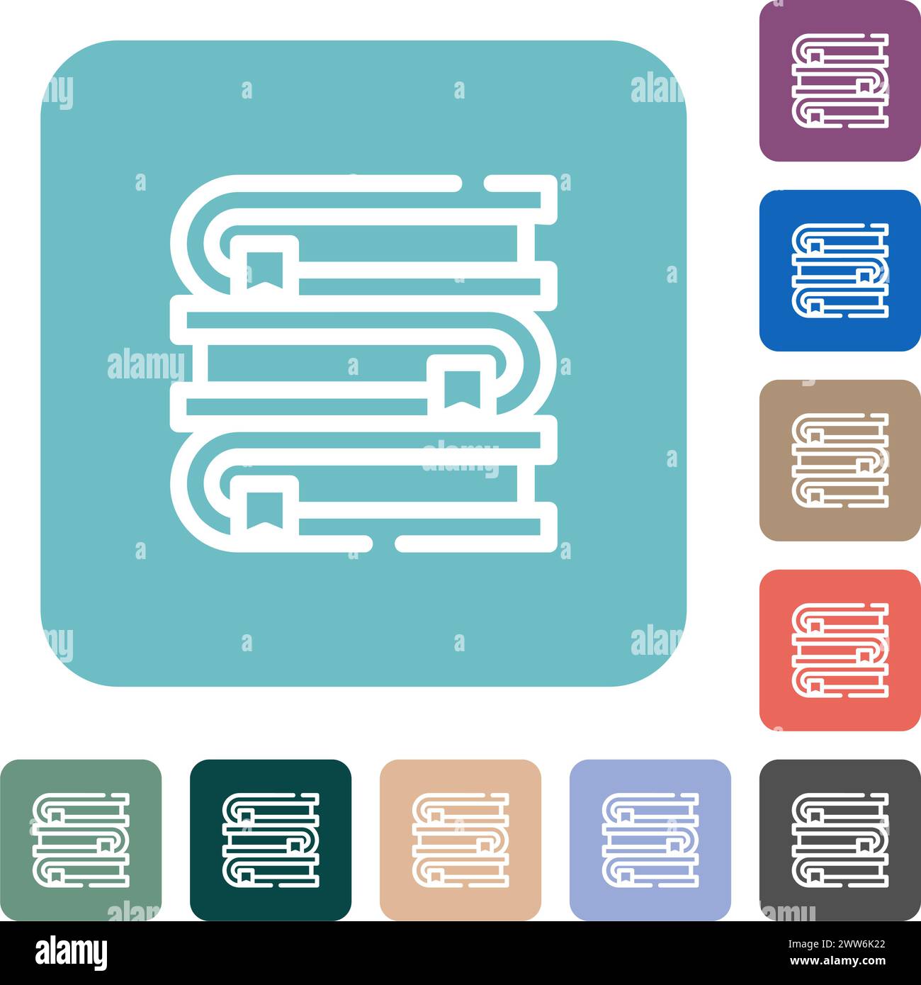 Stack of books outline white flat icons on color rounded square ...