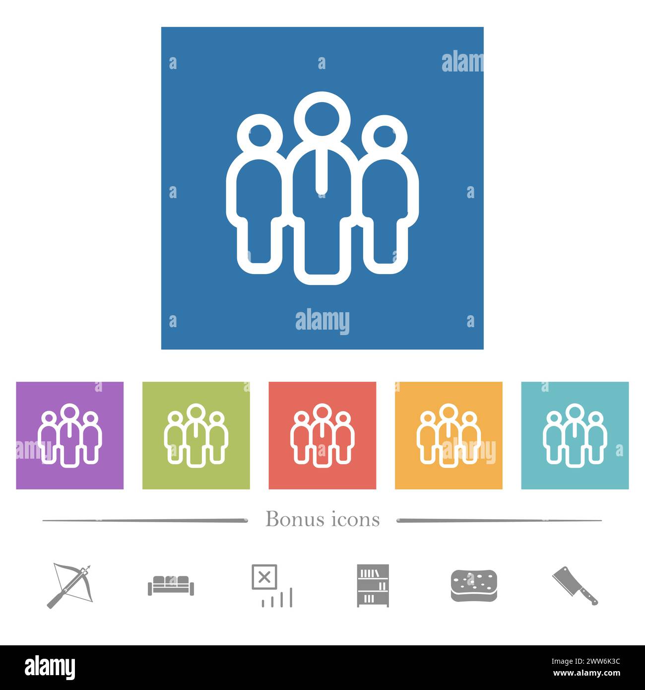 Team outline flat white icons in square backgrounds. 6 bonus icons ...