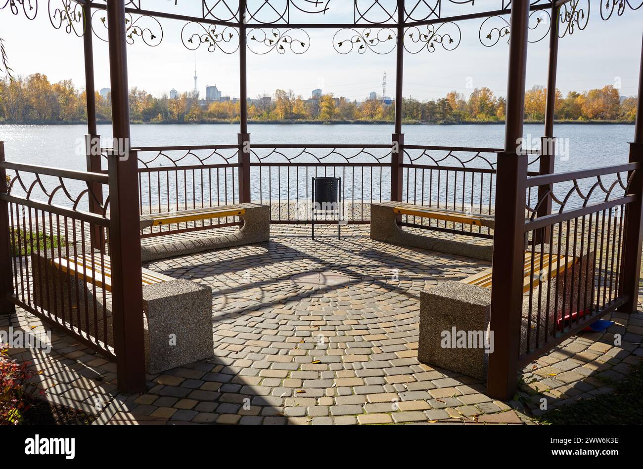 Rest area with bench in Kyiv, Europe. Place to rest in the city park ...