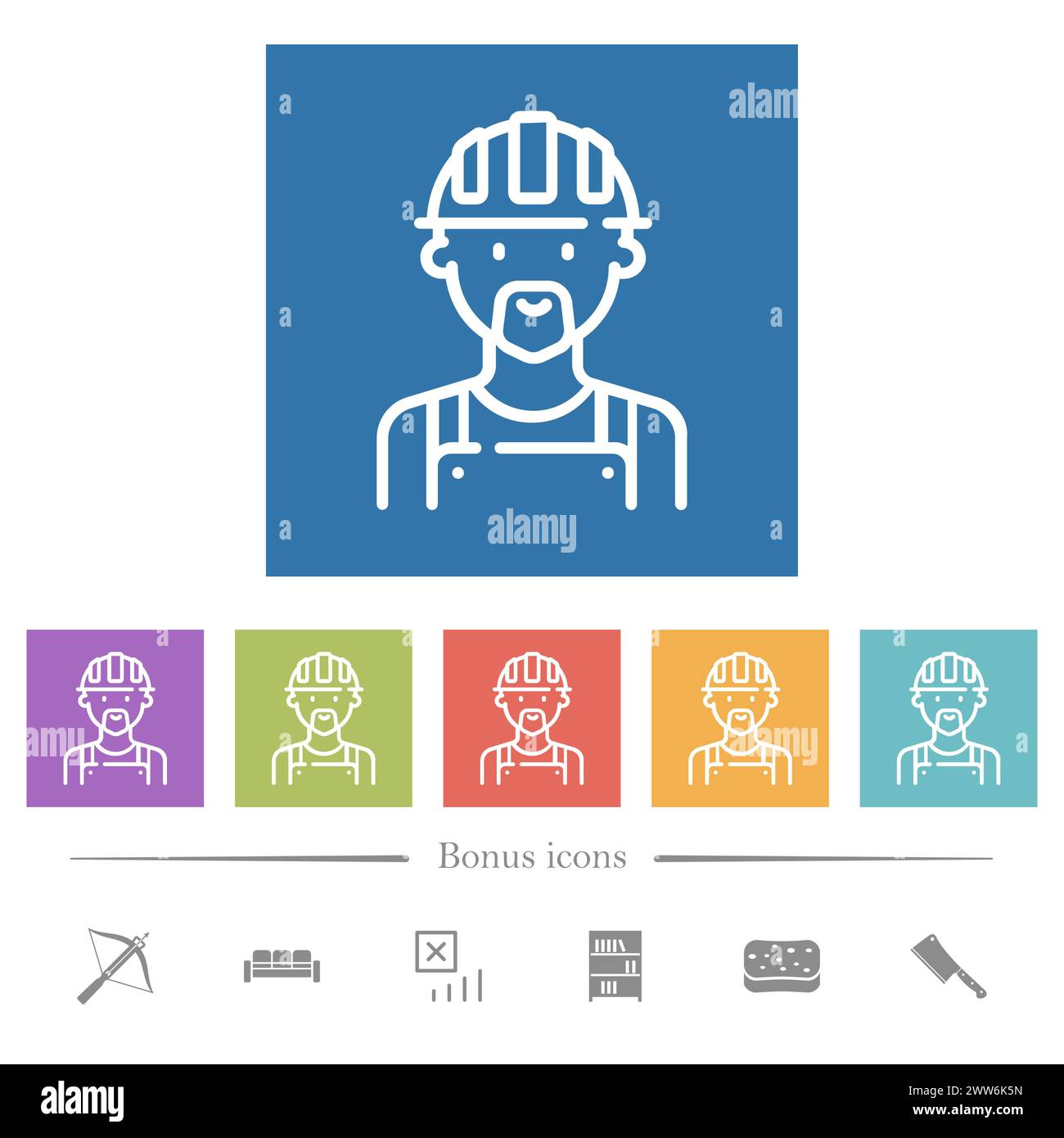 Worker avatar outline flat white icons in square backgrounds. 6 bonus ...