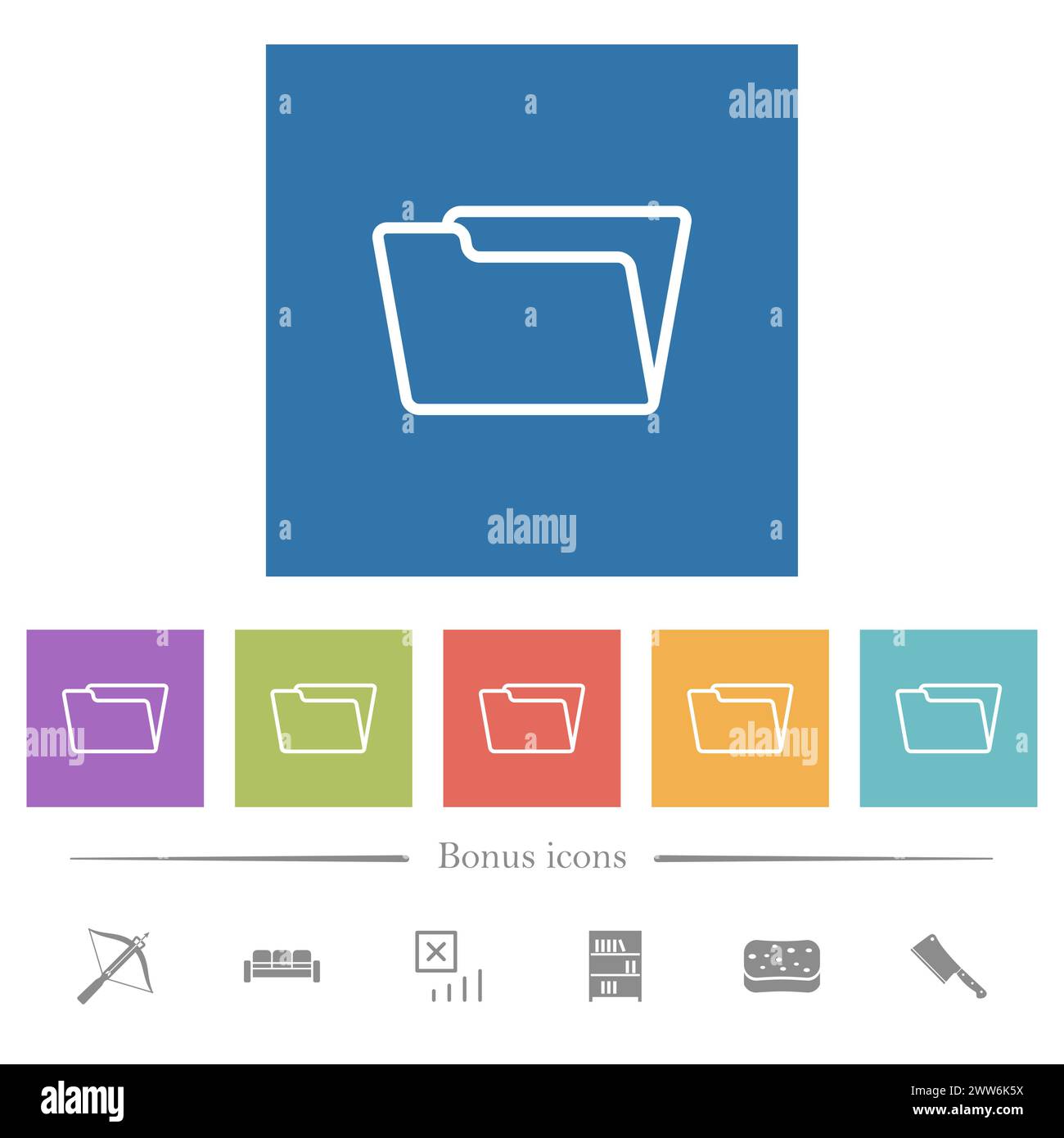 Opened folder outline flat white icons in square backgrounds. 6 bonus ...