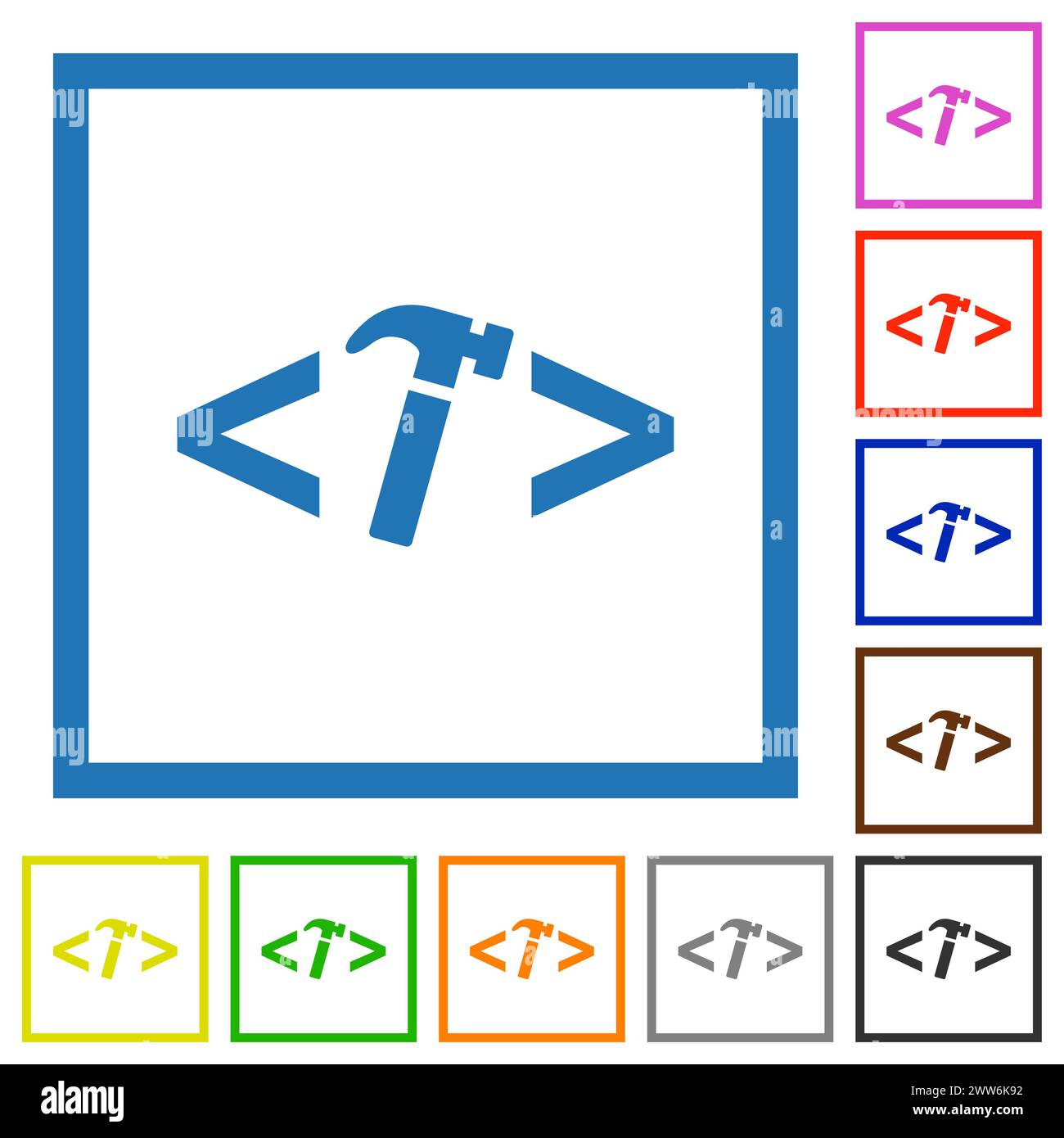 Web development with hammer flat color icons in square frames on white ...