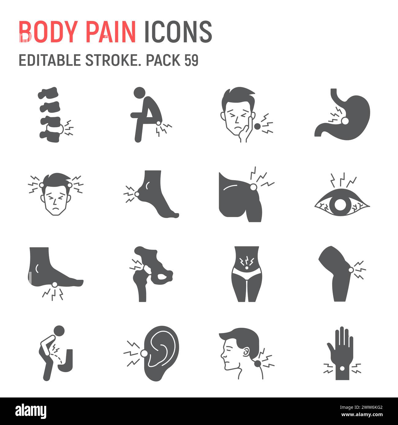 Body pain glyph icon set, human disease collection, vector graphics ...
