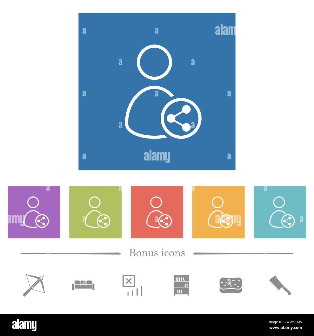 Share user data outline flat white icons in square backgrounds. 6 bonus ...