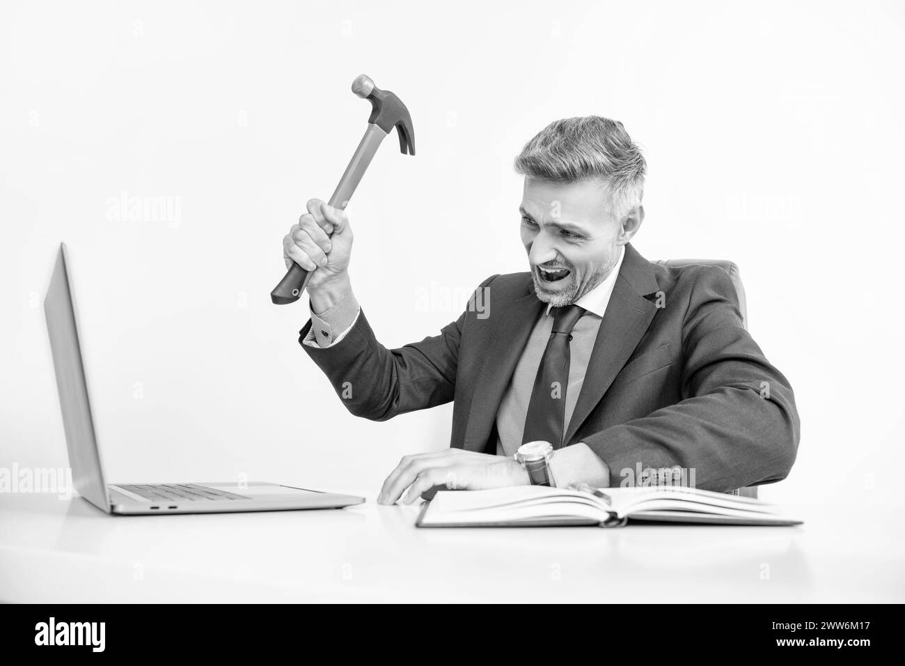 angry boss hitting laptop with hammer in office Stock Photo - Alamy