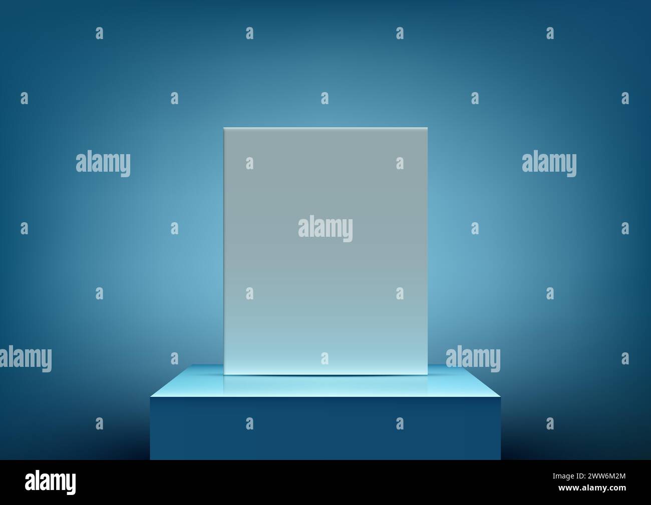 3D blue box podium with white backdrop sits on a pedestal against a ...