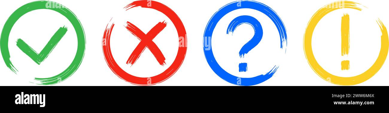 Dirty grunge cross x, tick OK, exclamation and question check marks in ...