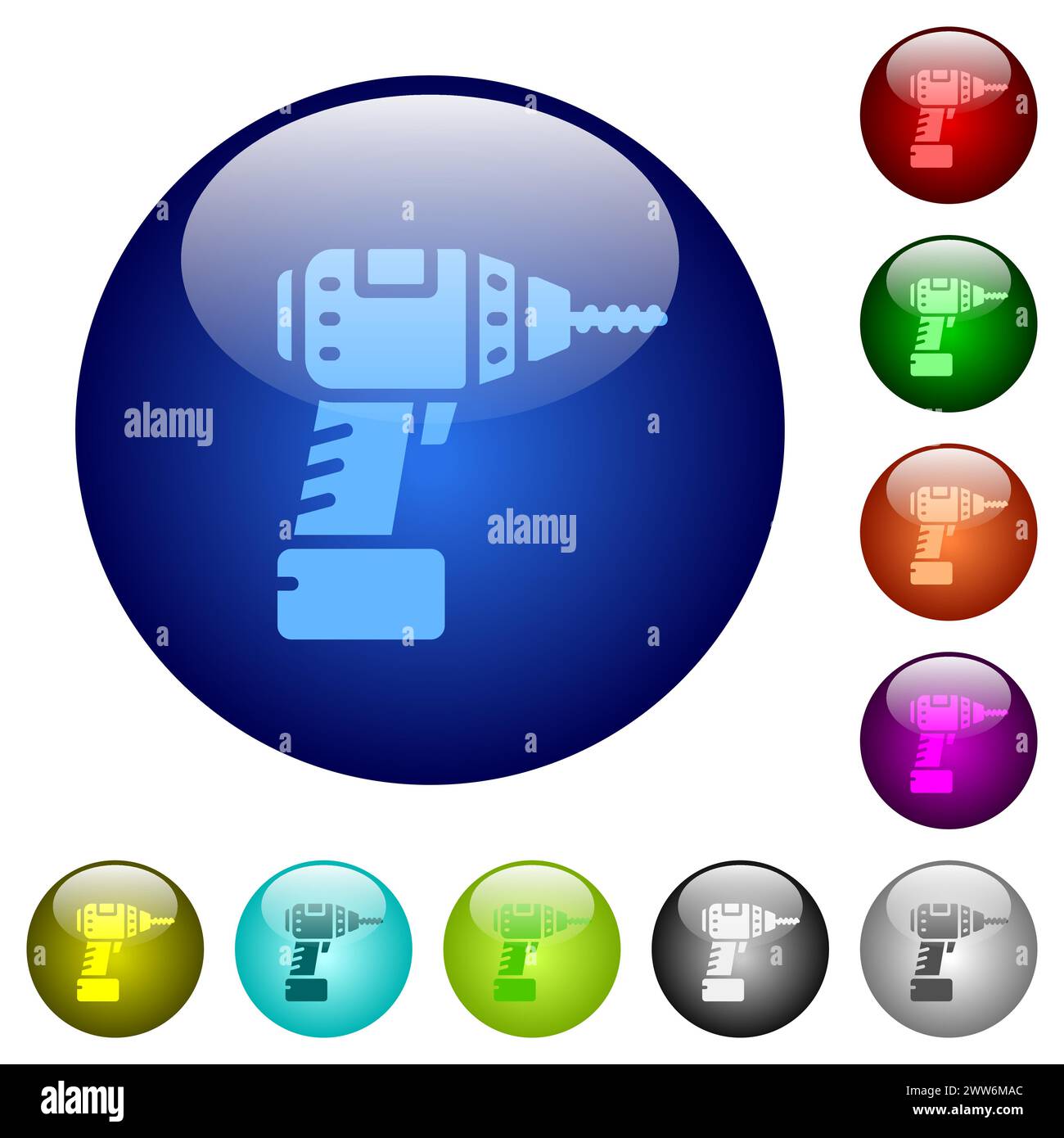 Cordless drill icons on round glass buttons in multiple colors. Arranged layer structure Stock ...