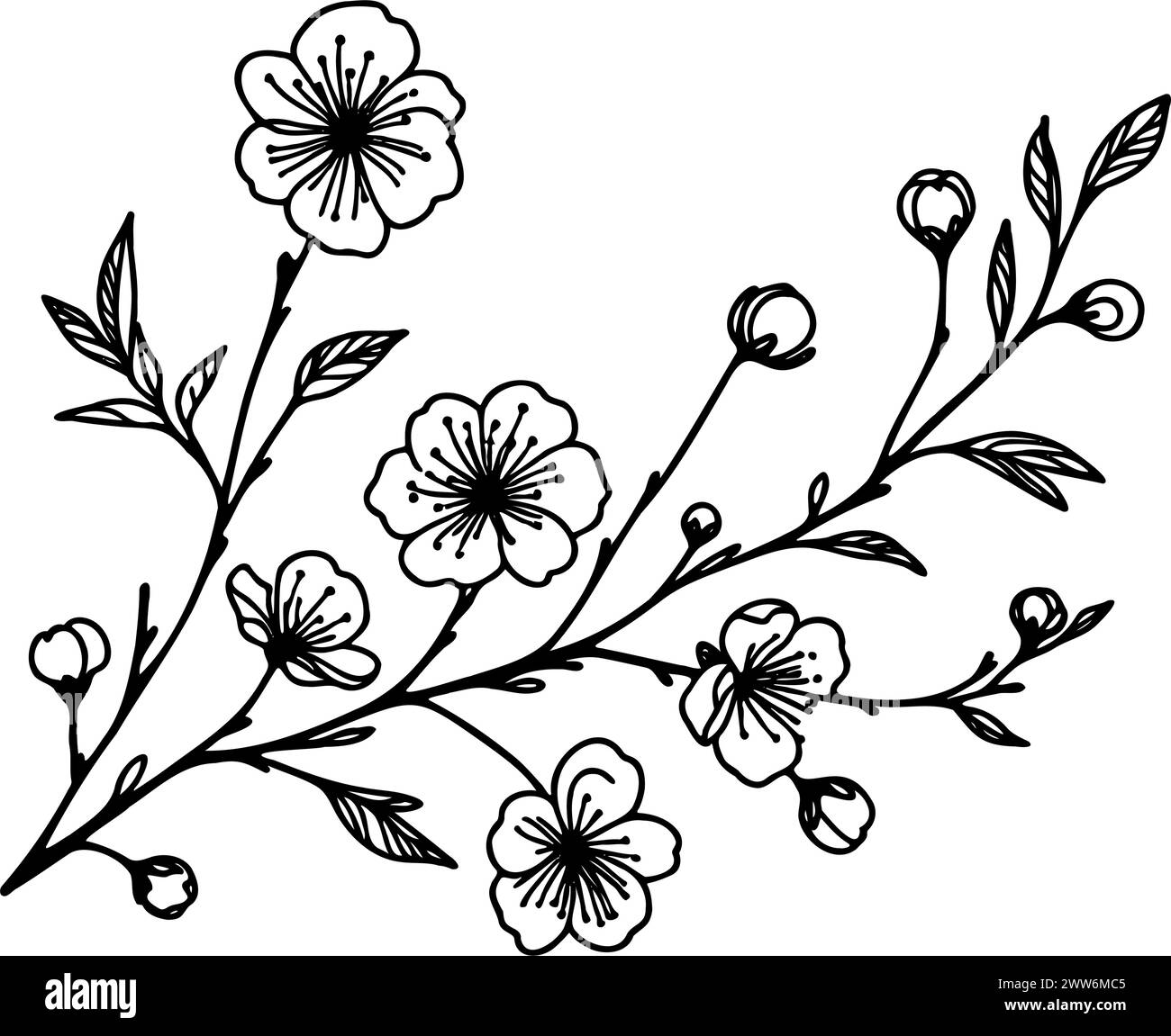 A black and white drawing flower with a stem. flower is in center ...