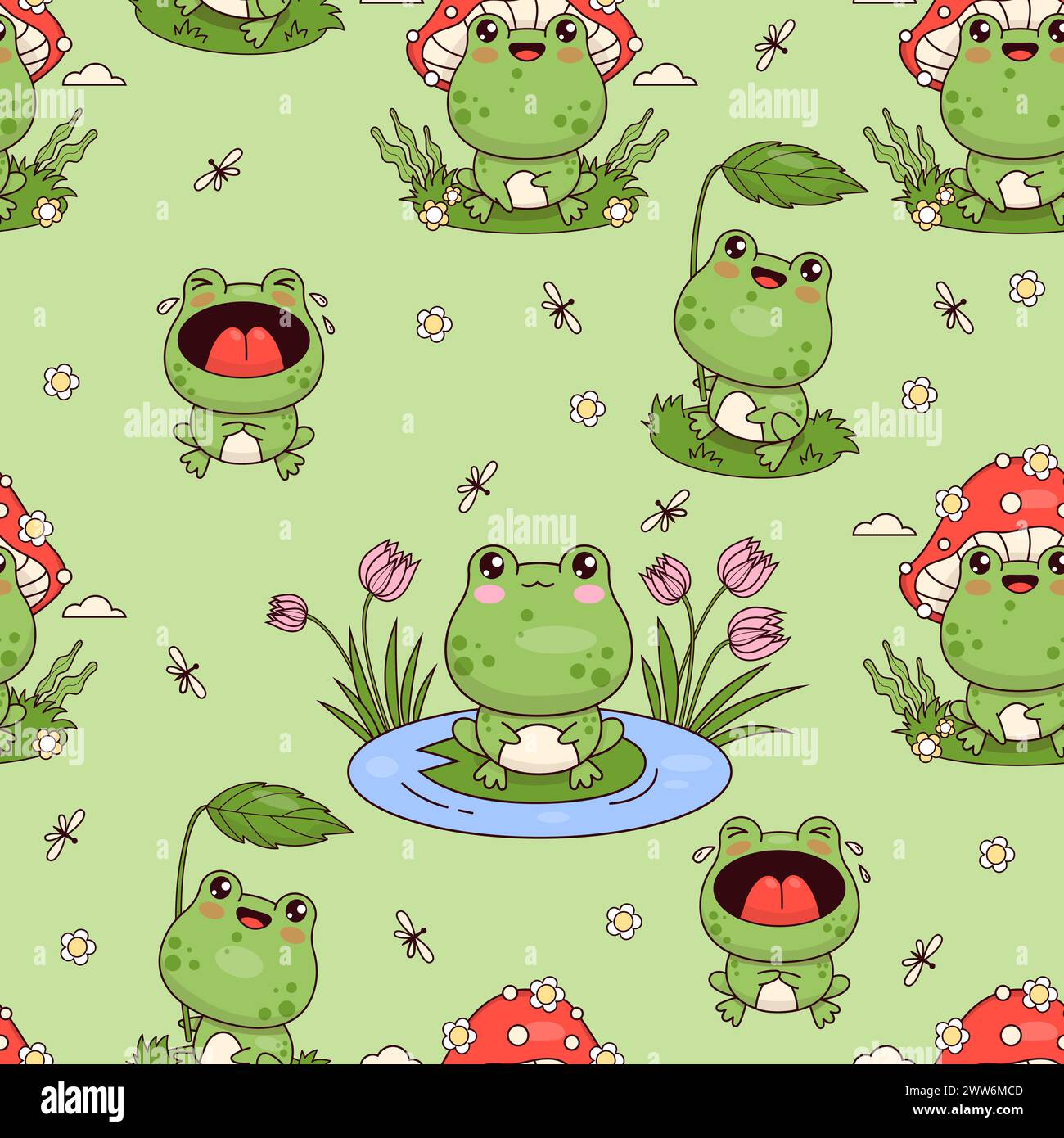 Seamless pattern with funny frogs on green background. Cute kawaii ...