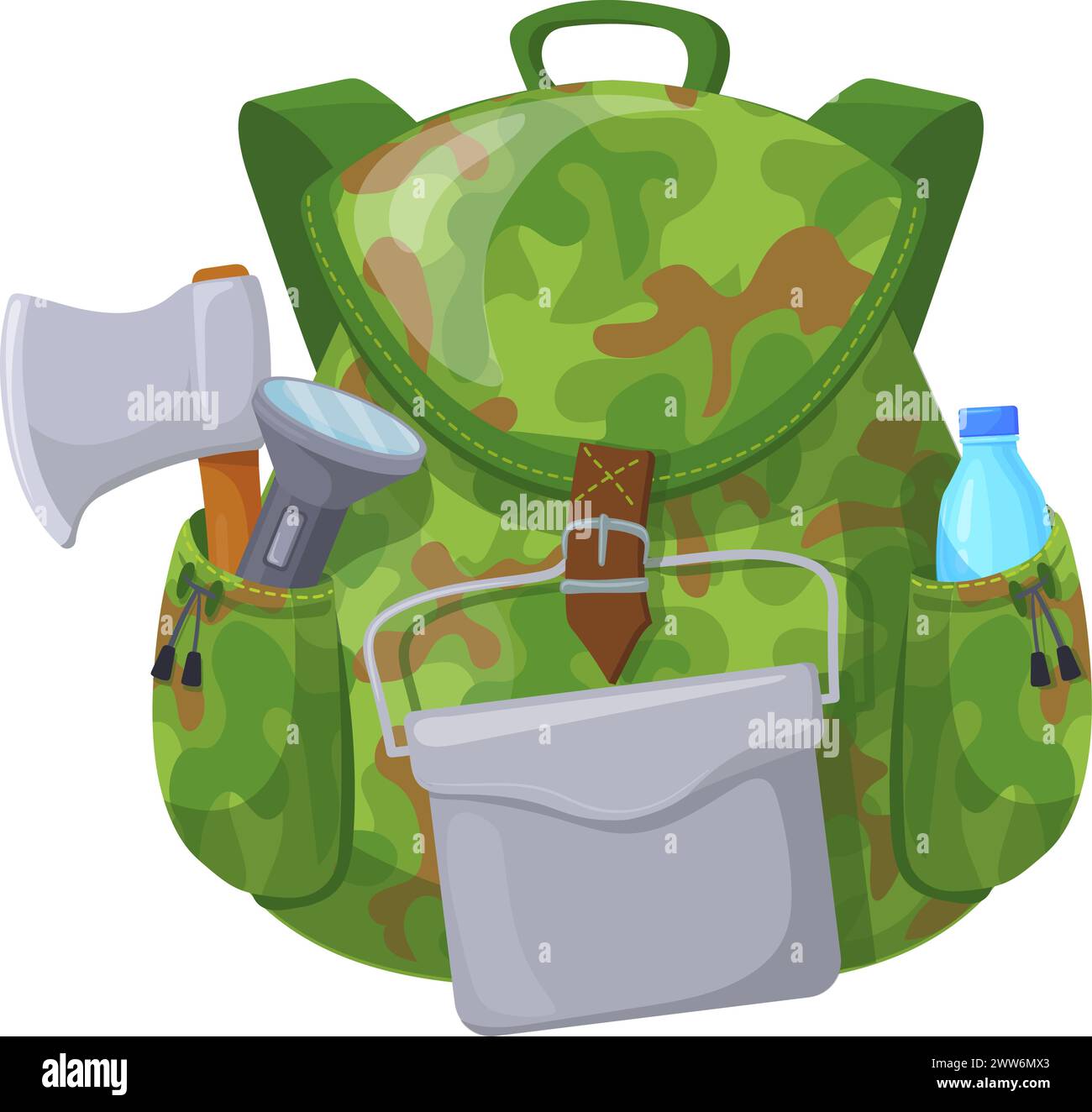 Camping travel backpack. Cartoon hiking trip equipment isolated on ...