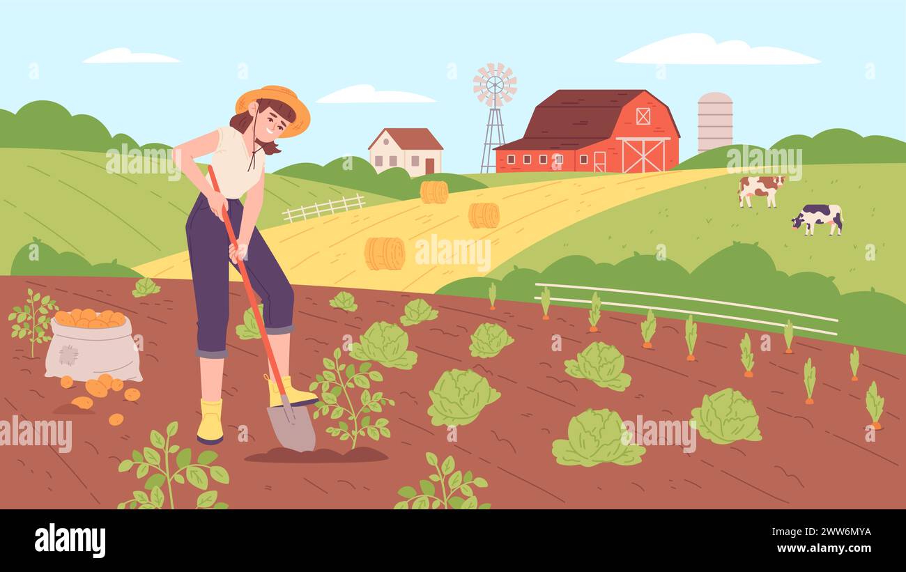 Happy woman harvest vegetables. Rural farm scene. Vector illustration ...