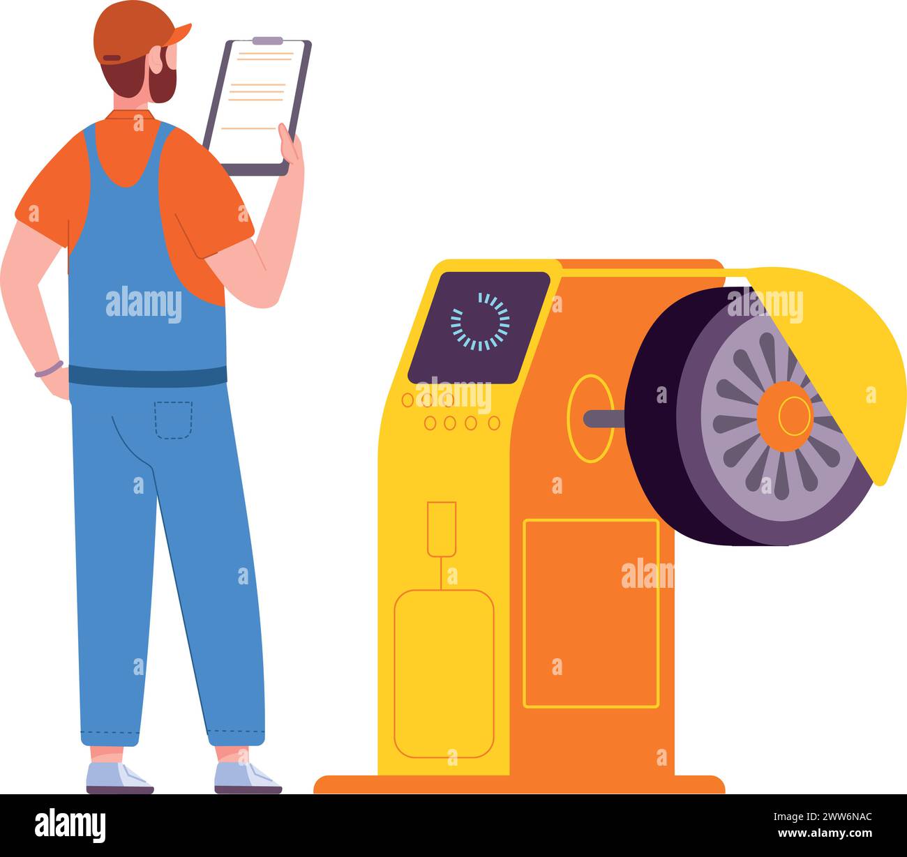 Technician work with tyre. Auto repair service scene isolated on white ...