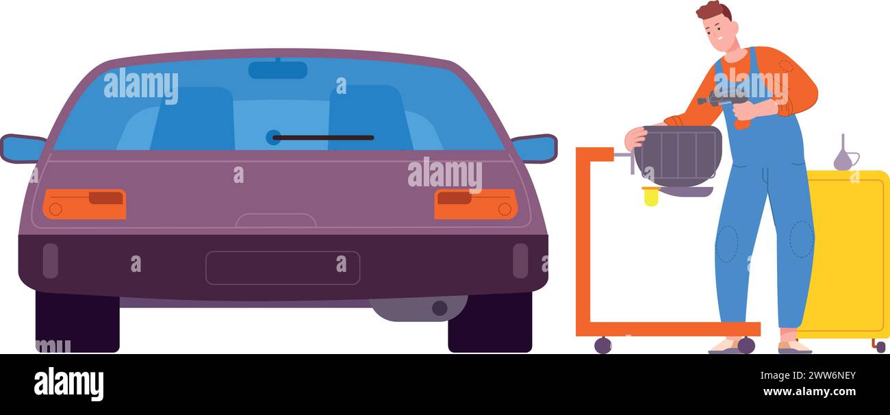 Technician repair car in auto maintenance service scene isolated on ...