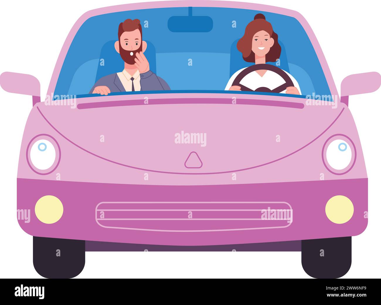 Woman drive pink car with passenger front view isolated on white ...