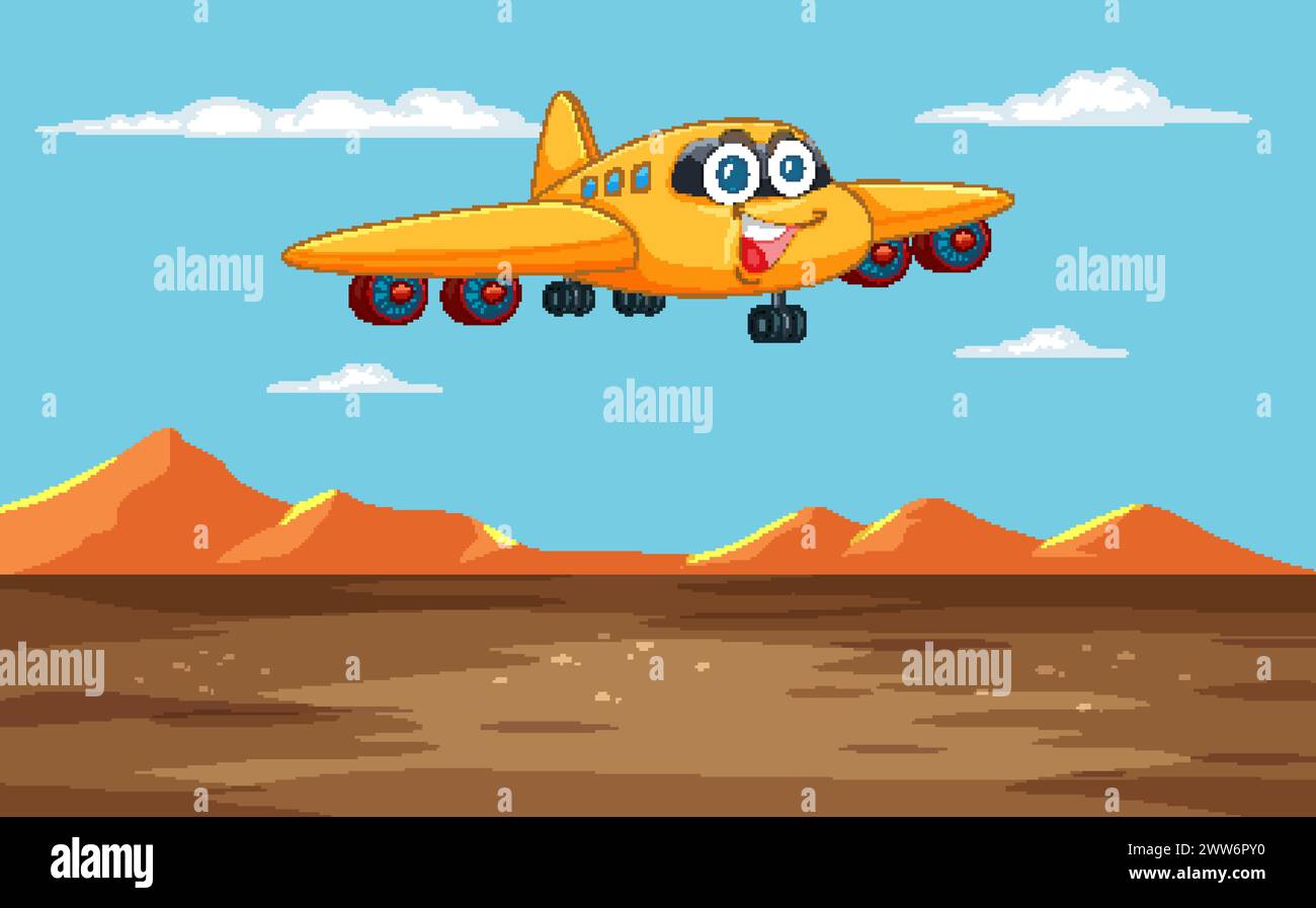 Animated plane with face flying above desert landscape Stock Vector ...