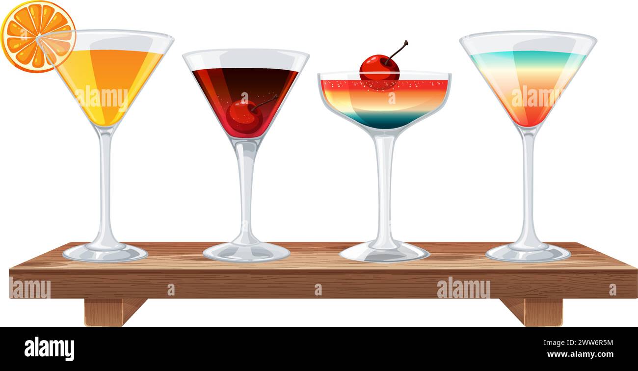 Assorted cocktails in elegant glasses on display Stock Vector Image ...