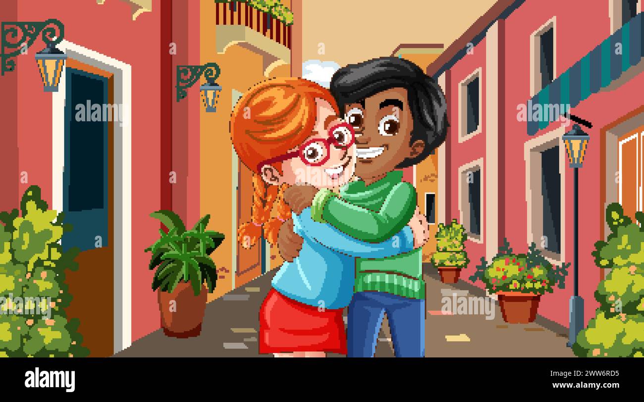 Two people hugging warmly on a quaint street Stock Vector Image & Art ...