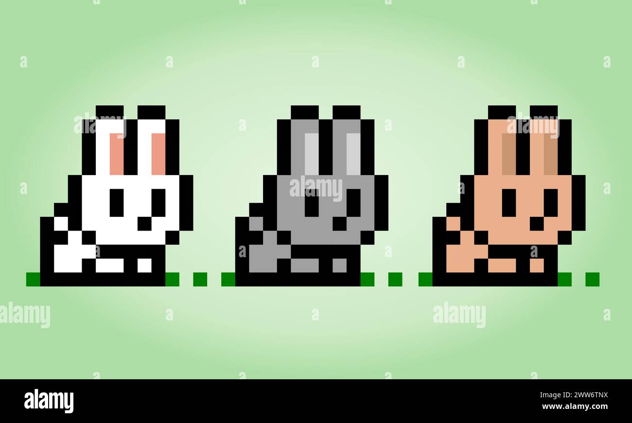 8 bit pixel rabbit three colors. Animals for game assets and cross stitch patterns in vector ...