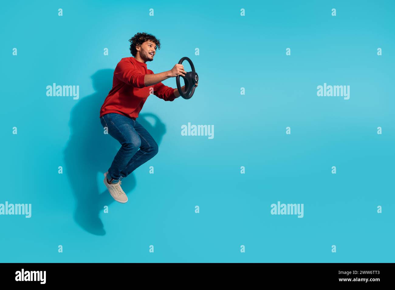Full length photo of casual driver automobile young guy jumping with ...