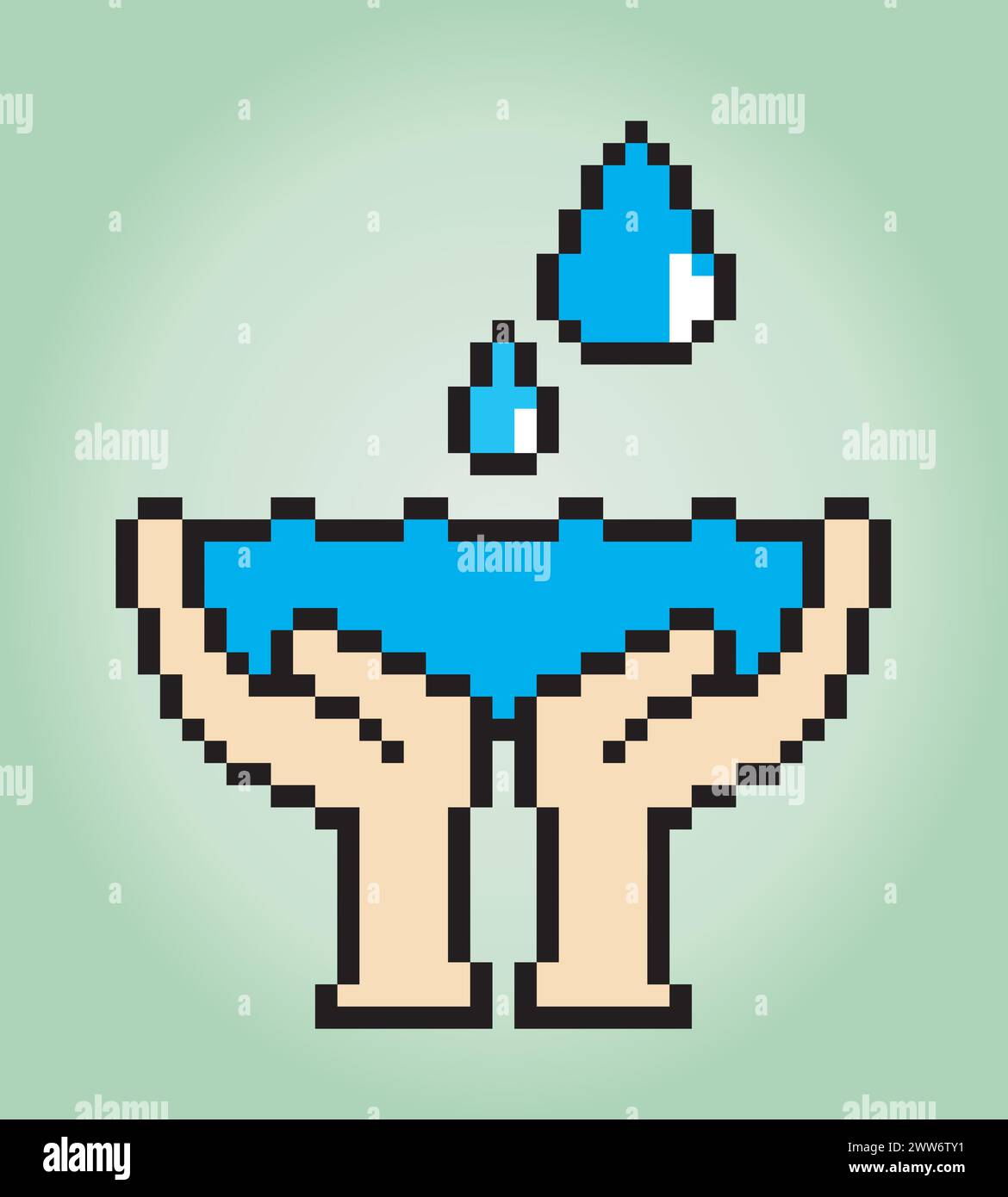 8 bit pixel logo save water. Symbol hand holding a water in vector ...