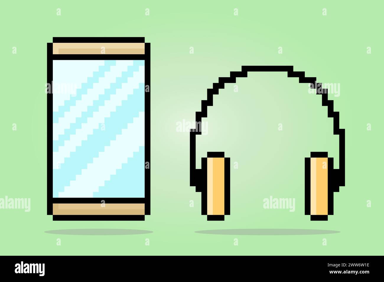 8 bit pixel, modern hardware technology, smartphone and headphone. Icon ...