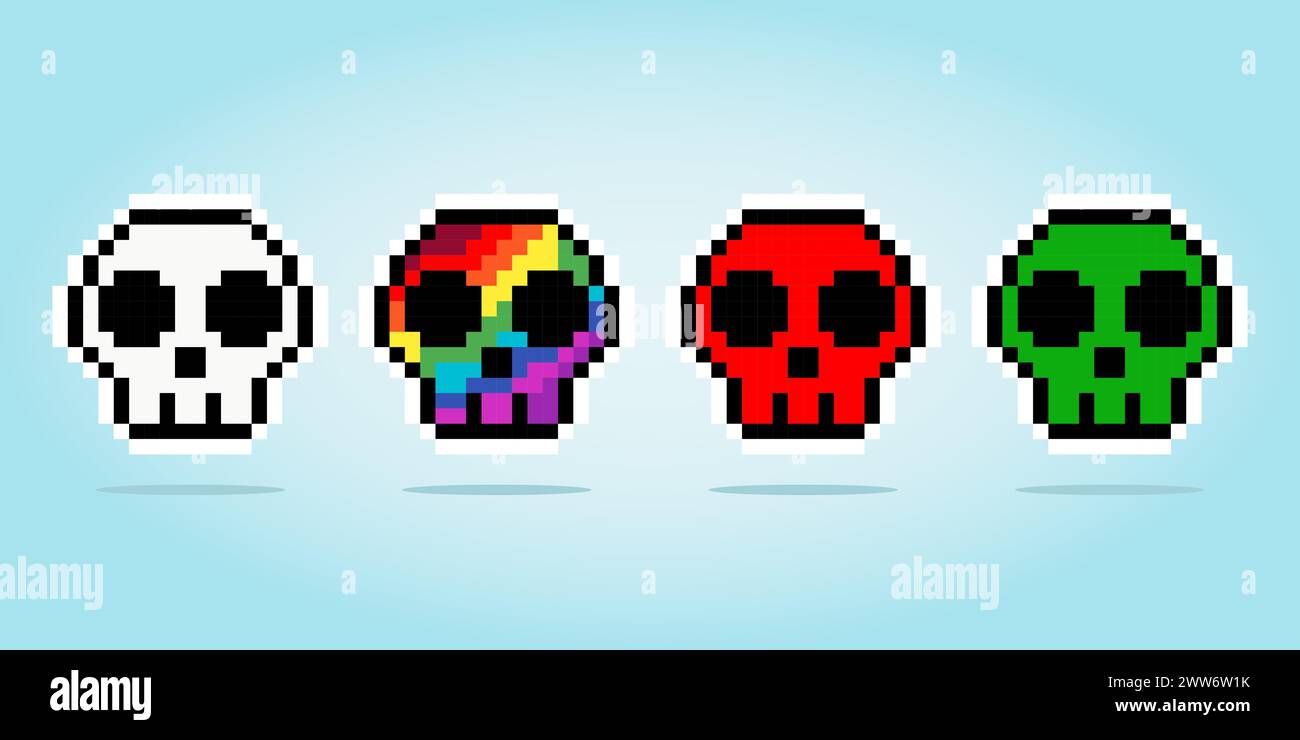 8 bit pixel skull, for game assets and cross stitch patterns, in vector ...