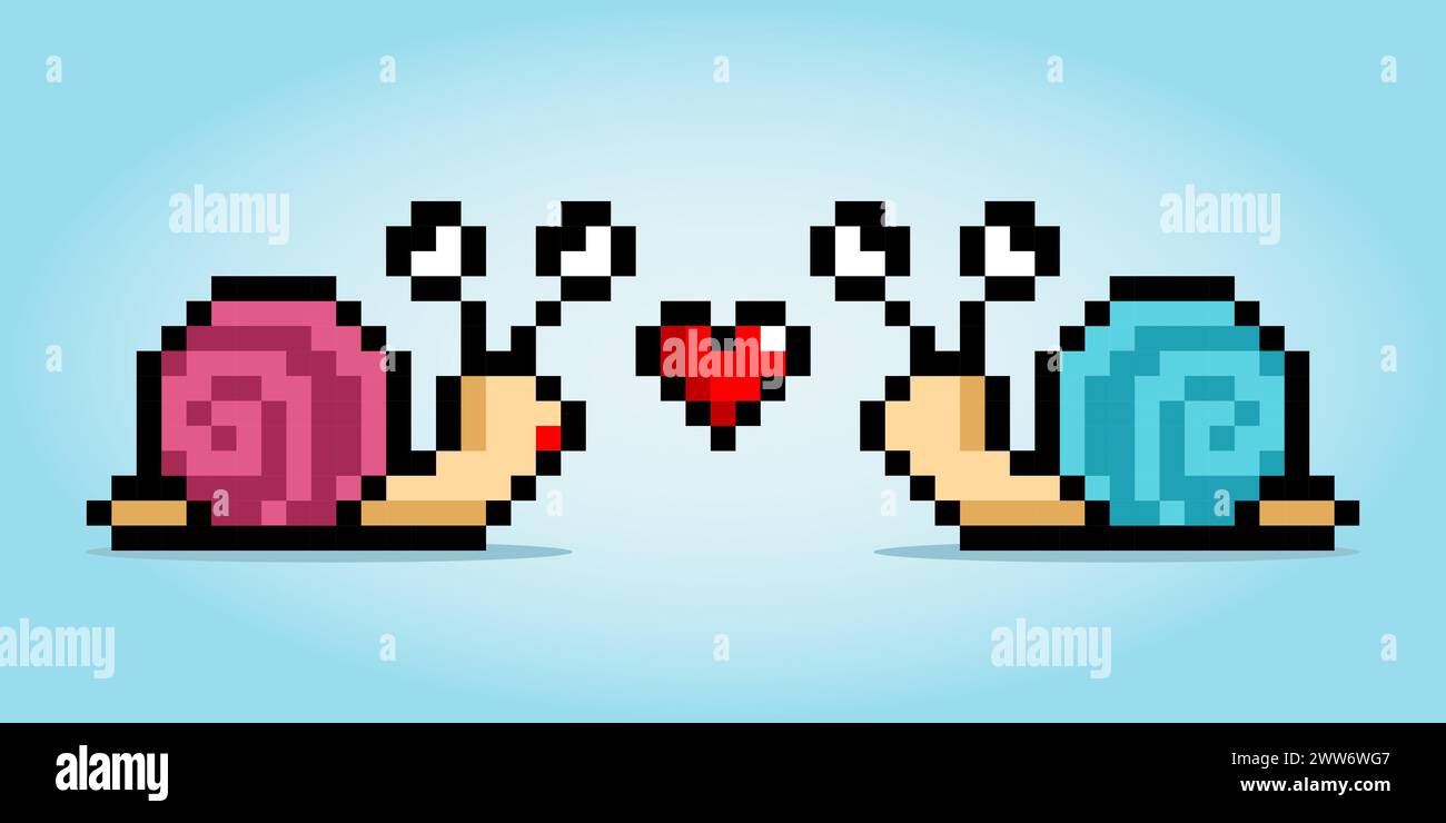 8 bit pixel of snail couple in love. Animal pixel for game assets and cross stitch patterns, in ...