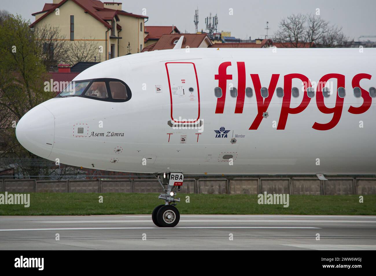 Cockpit close-up of a Pegasus Airlines Airbus A321 NEO taxiing after landing at Lviv Airport ...