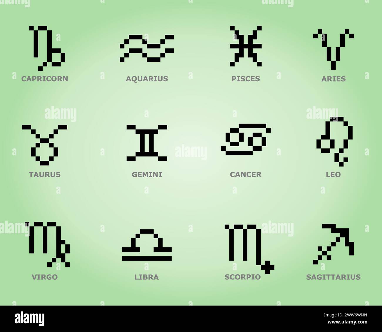 8 bit pixel zodiac set. Stars symbol for astrology horoscope. Astrological calendar collection ...