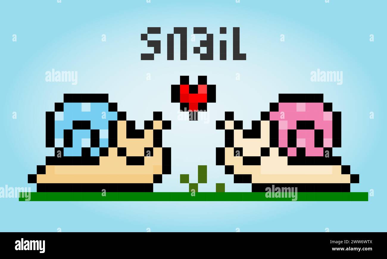 8 bit pixel of snail couple in love. Animal pixel for game assets and cross stitch patterns, in ...