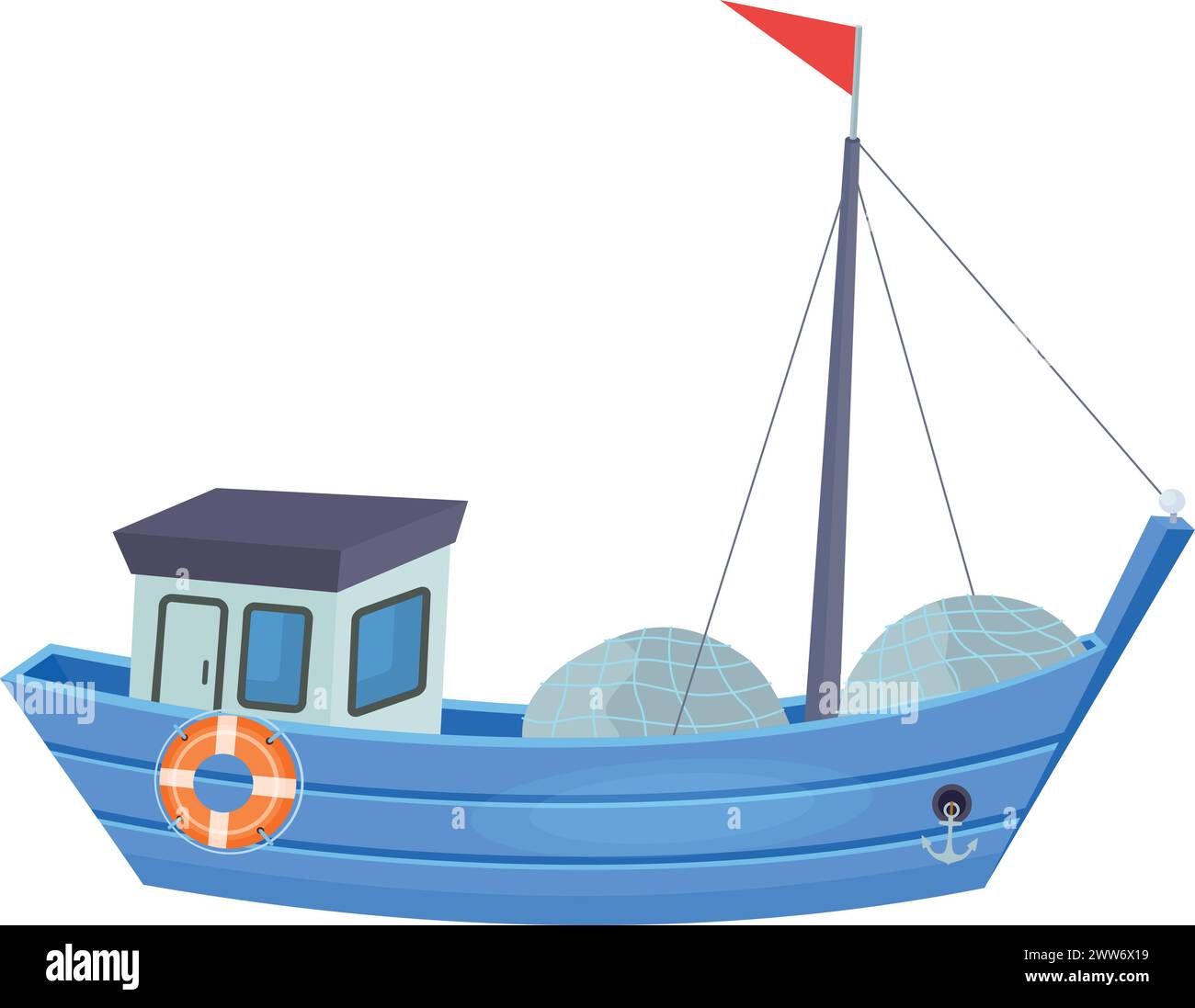 Trawler cartoon icon. Marine boat with fishing net isolated on white ...