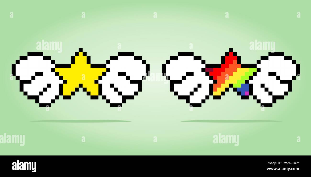 8 bit pixel of adorable yellow and rainbow star with wings, for game ...