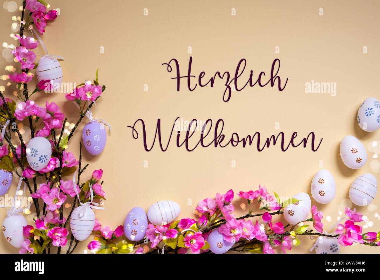 German Text Herzlich Willkommen Means Welcome On Beige Background. Pink ...