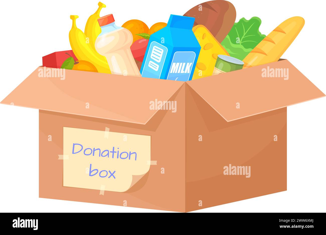 Donation box with food cartoon icon. Grocery charity isolated on white ...