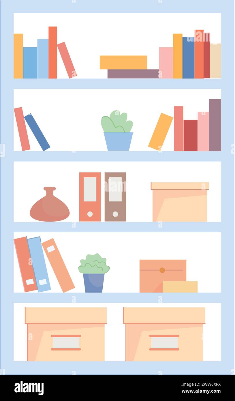 Bookcase color icon. Wooden shelves furniture with books and documents ...