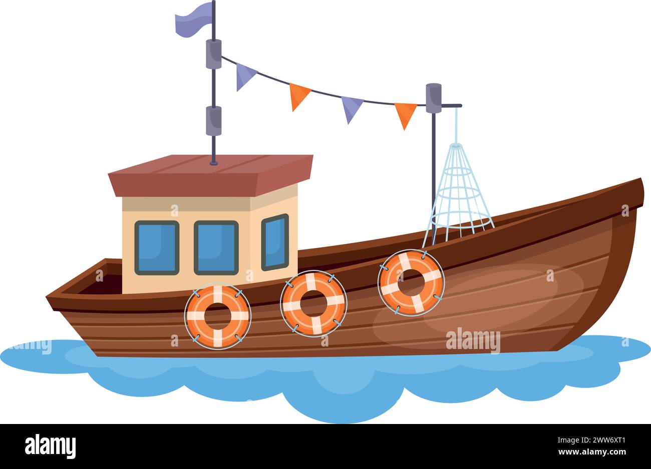 Cartoon trawler boat icon. River fishing ship isolated on white ...
