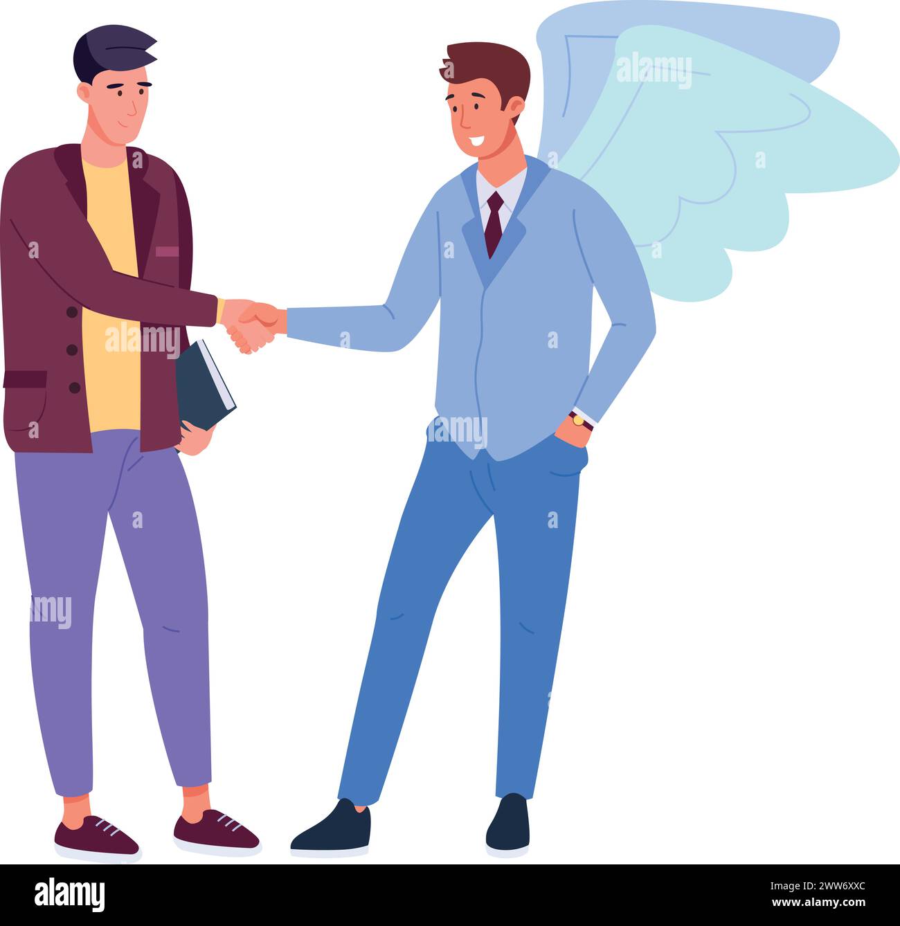 Young man shaking hands with angel. Good business investment deal ...