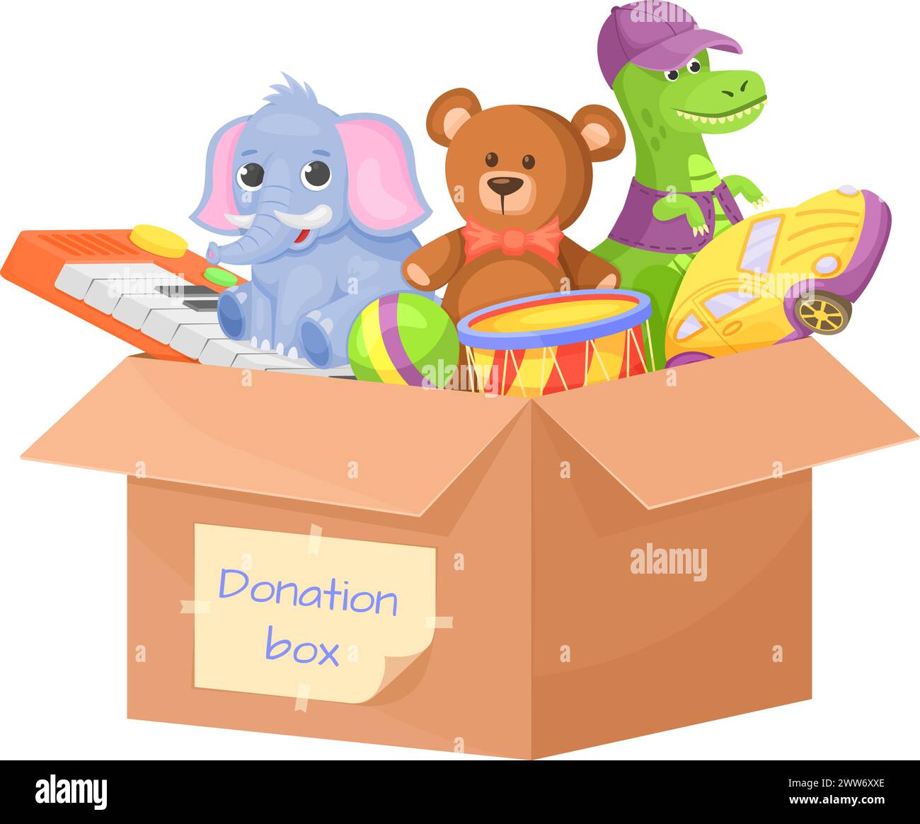 Donation box with kid toys. Charity children goods isolated on white ...