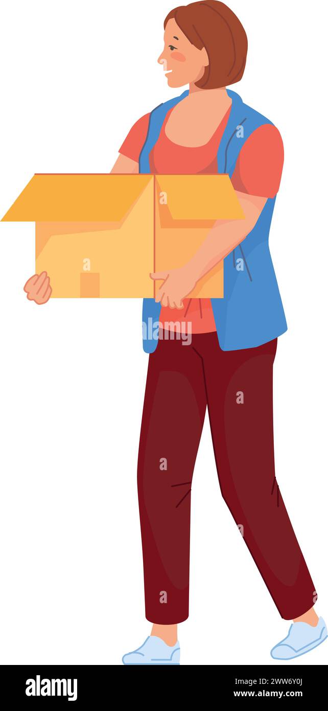 Woman hold cardboard box with packed stuff isolated on white background ...