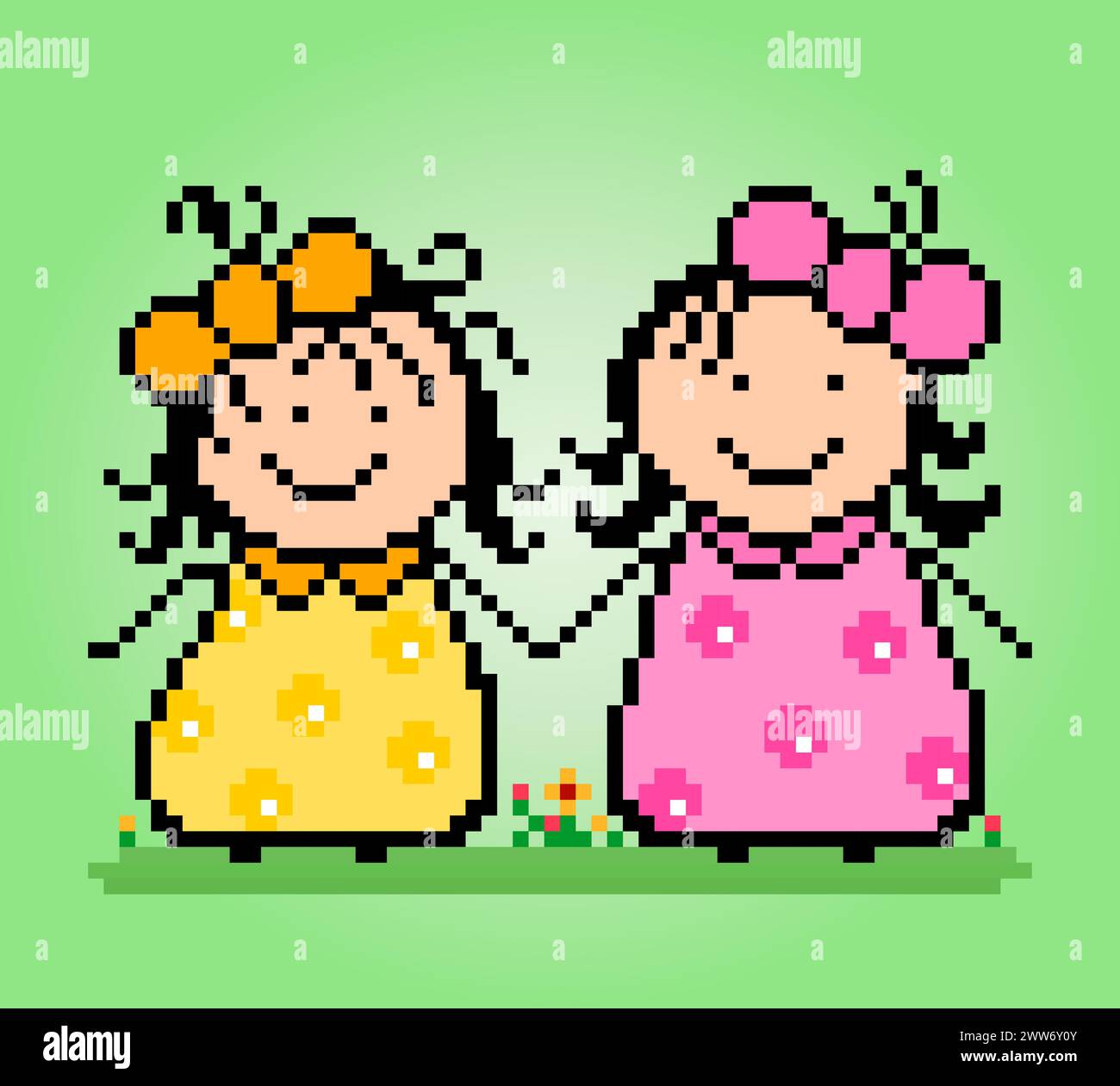 pixel 8 bit of two sisters. Children's pixels in vector illustrations ...